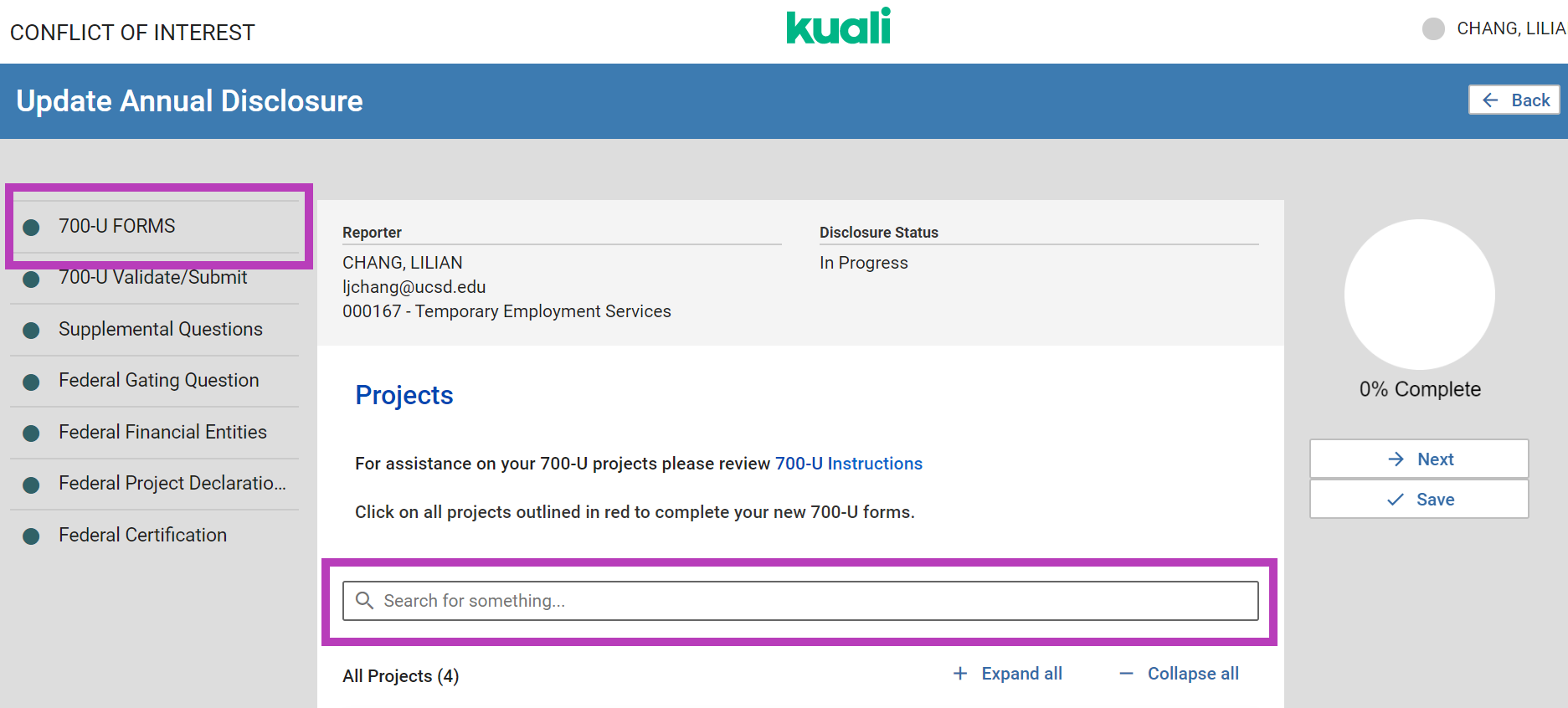 Research Knowledge Base - How to Filter Projects in Kuali COI - Research
